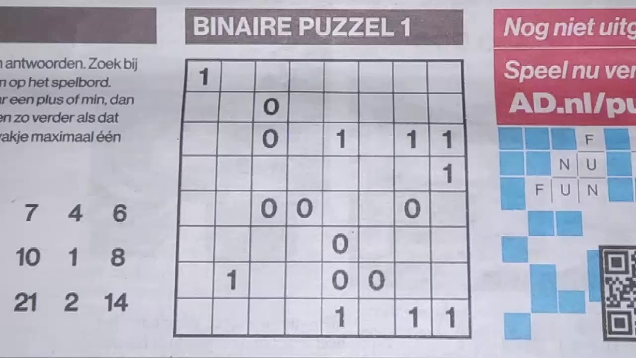 (#1729) Friday. Binary01 Sudoku puzzle. Bonus Extra edition. 10-09-2020 ...