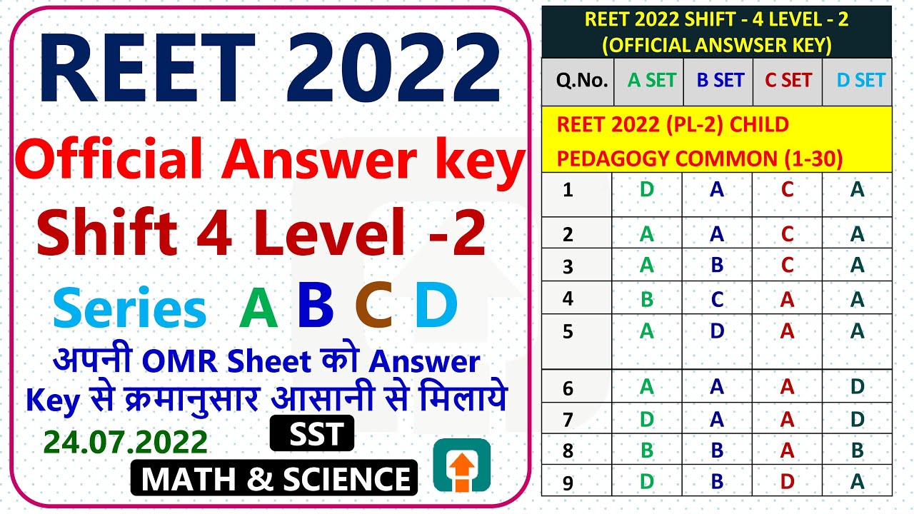 REET 2022 SHIFT 4 OFFICIAL ANSWER KEY | REET 2022 LEVEL 2 | SHIFT 4 ...