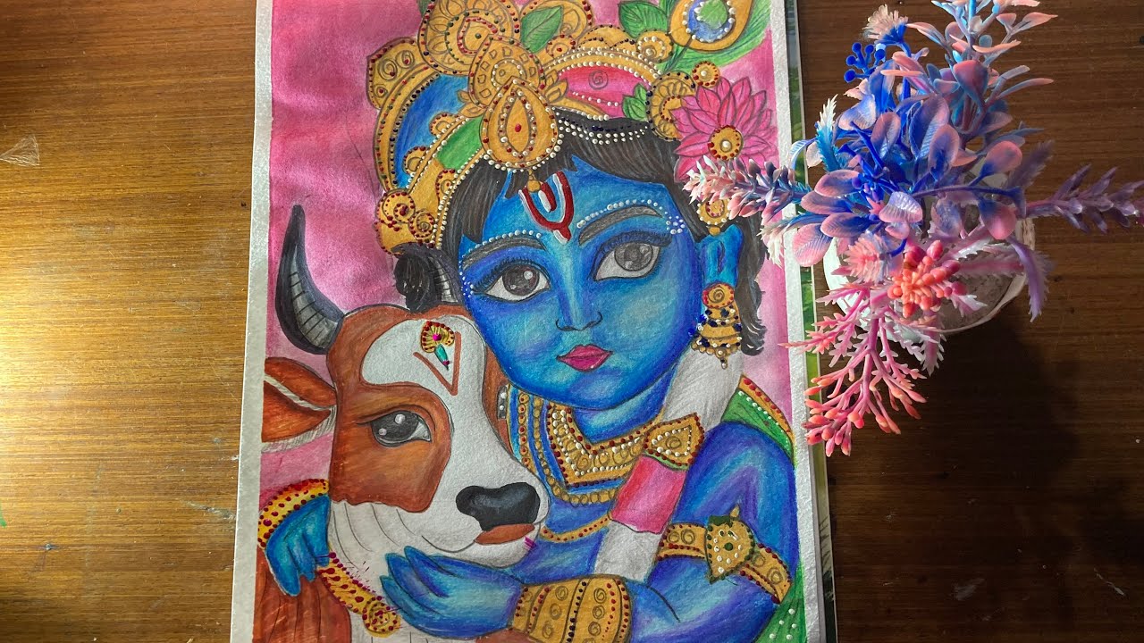 🙏Krishna ji and cow Drawing🥰🤞||colour Krishna ji Drawing ️💕#viral# ...