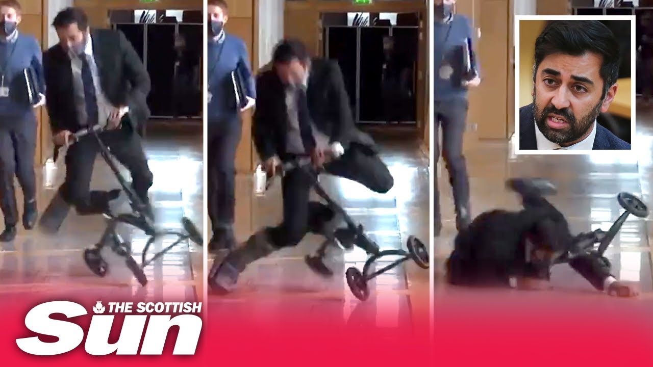 Hilarious moment Humza Yousaf falls off his scooter in Holyrood ...