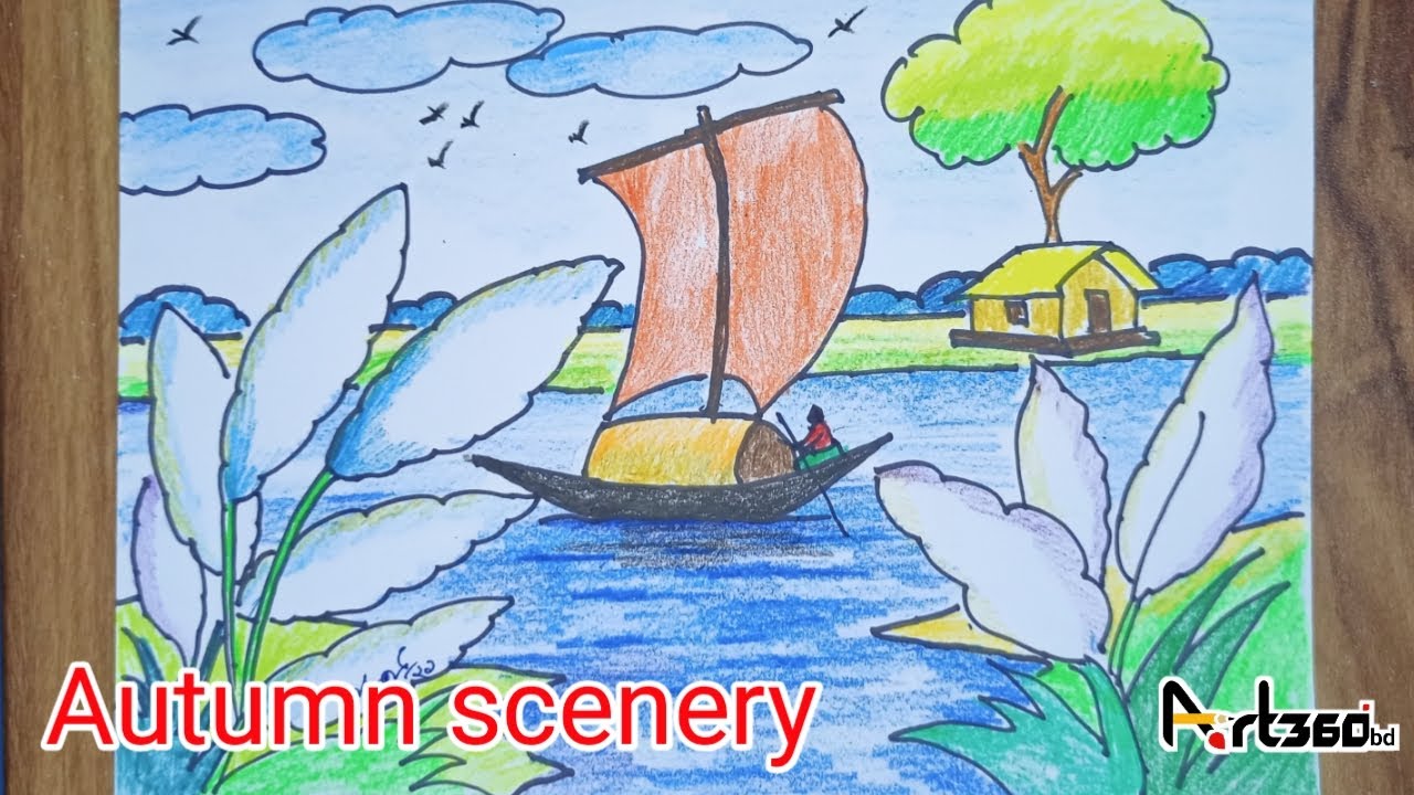 How to draw scenery of autumn season step by step very easy// শরতের ছবি ...