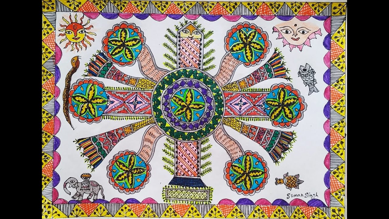 kohbar design in Mithila painting - YouTube