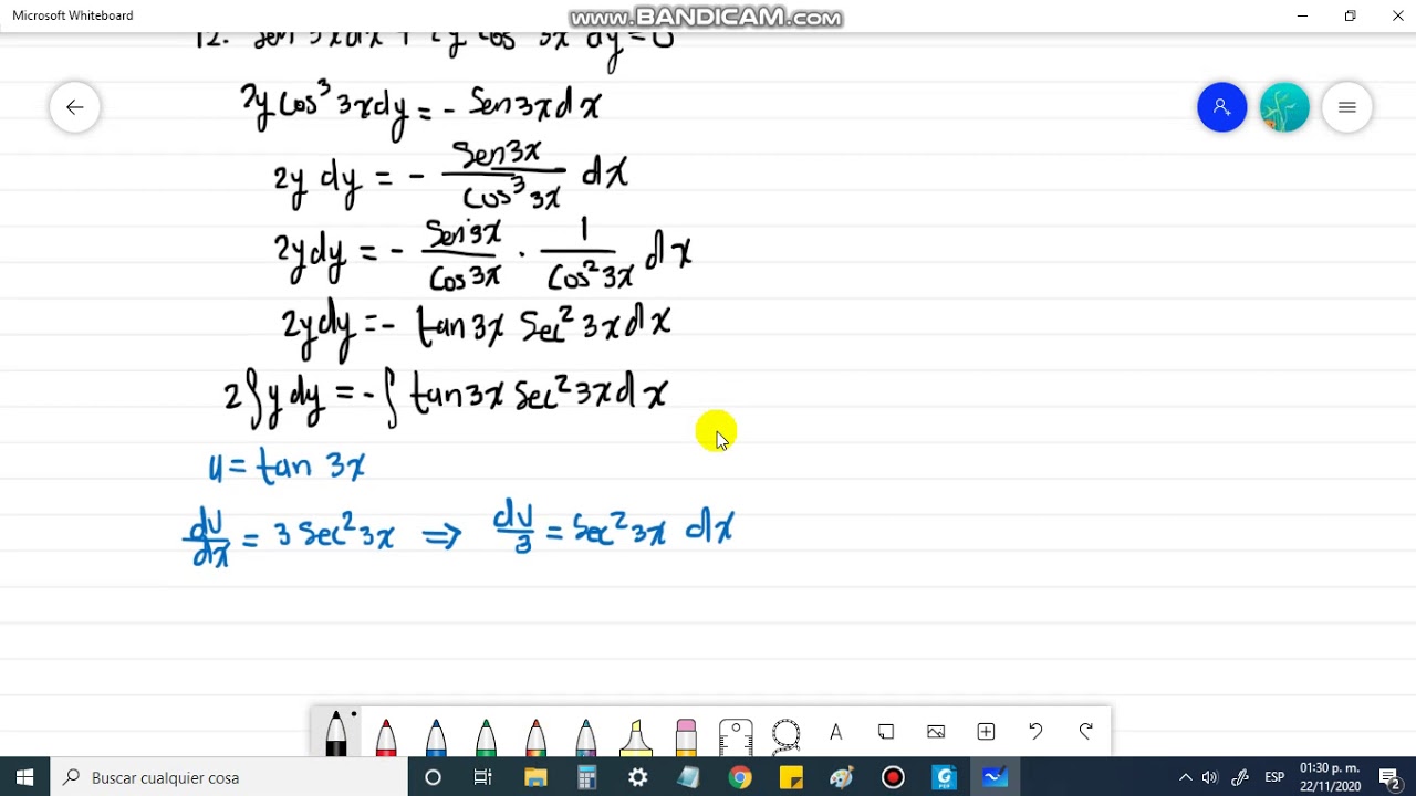 12. sen 3x dx+2y cos^3 3x dy=0. Variables separables. Alexander Estrada ...