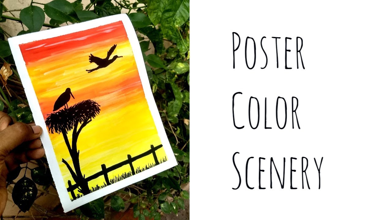 How to draw Poster Color Scenery step by step||Birds in Sunset Scenery ...