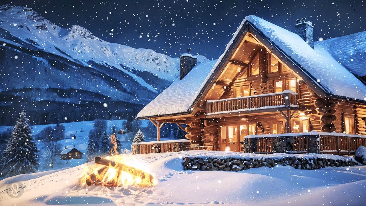Winter Wonderland: Log Cabin at Night with Crackling Fire | Relaxing ...