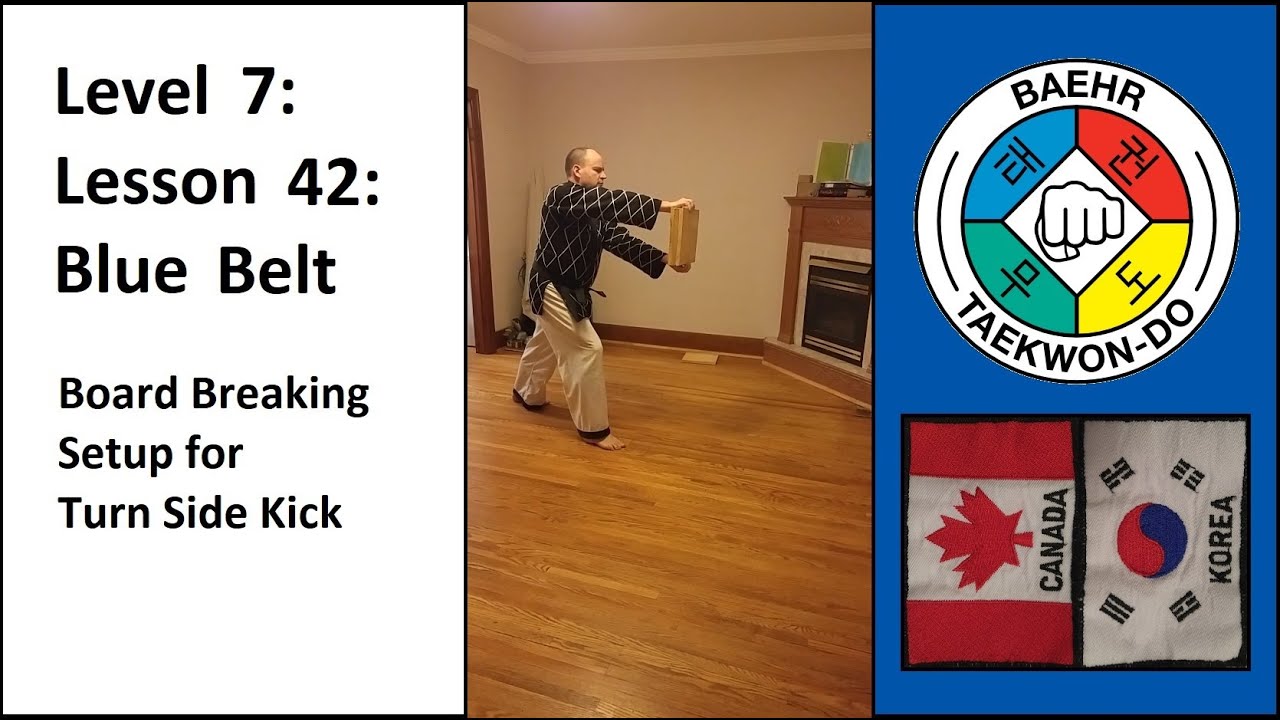 Level 07: Lesson 38: Blue Belt: Board Breaking Setup for Turn Side Kick ...