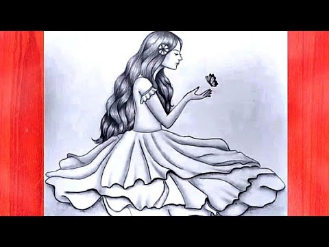 How to draw a girl with butterfly |How to draw a girl sitting with ...