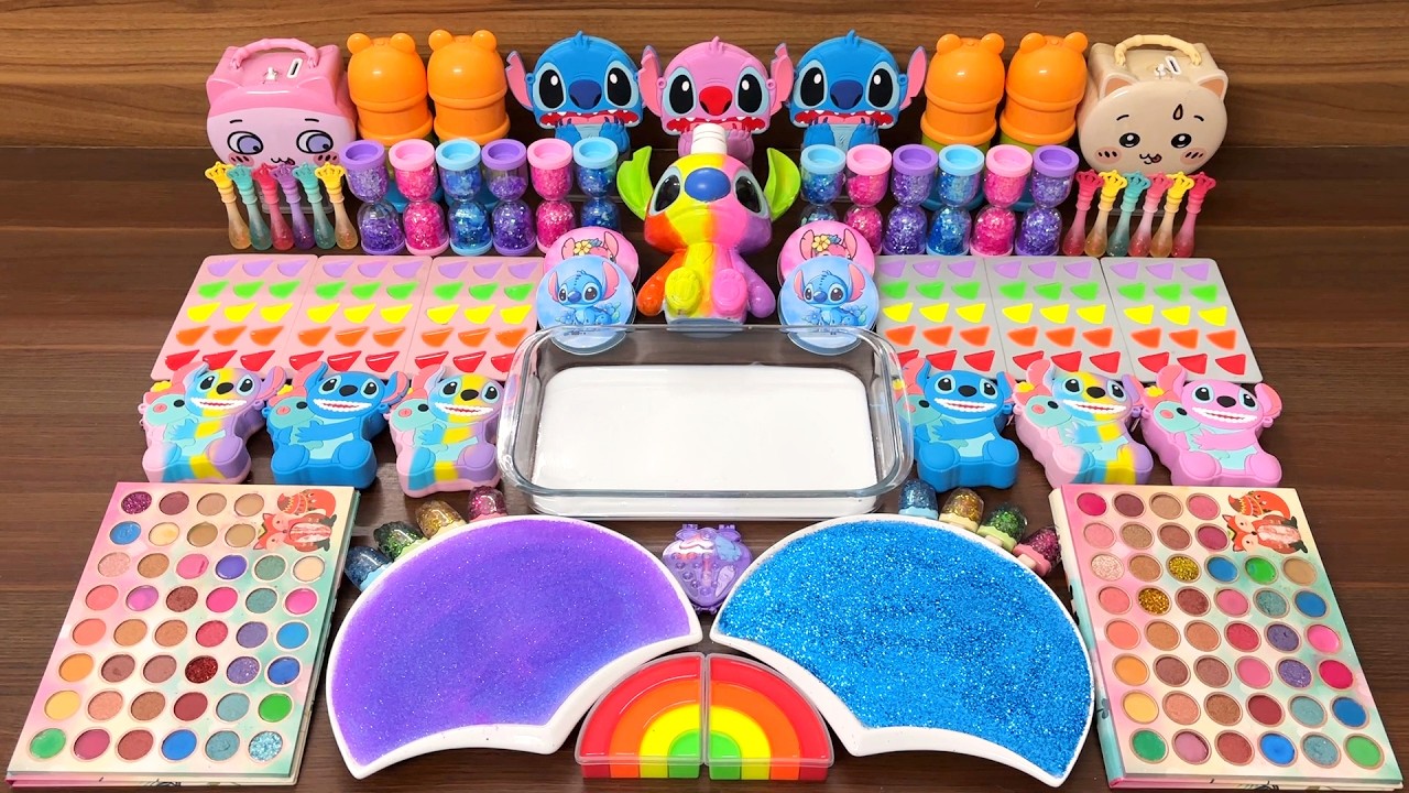 Slime mixing ASMR | Rainbow stitch glossy slime and makeup - YouTube