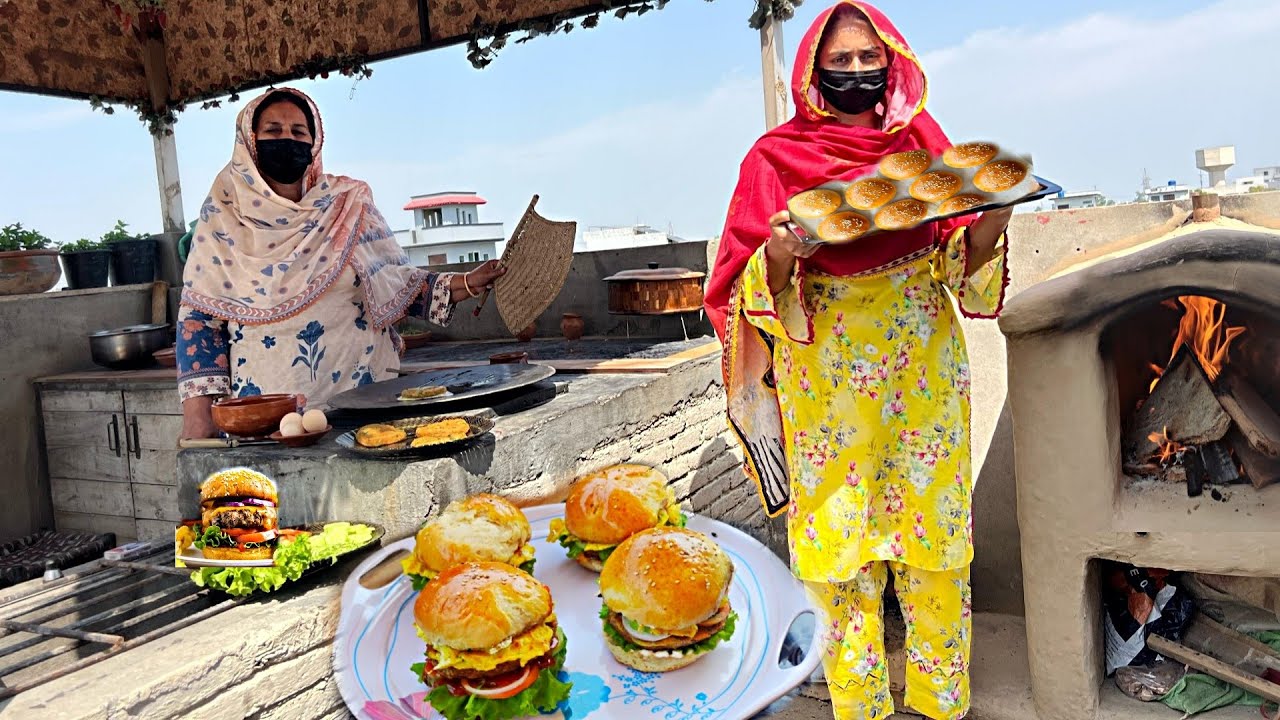 Burger buns in mud oven|Shami kabab| Making burger with homegrown vegetables - YouTube