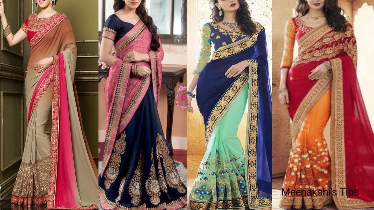 LATEST half net with half sequence WORK designer sarees - YouTube