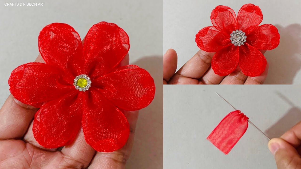 DIY Organza Flower | Organza Ribbon flower making | Organza Flower Easy ...