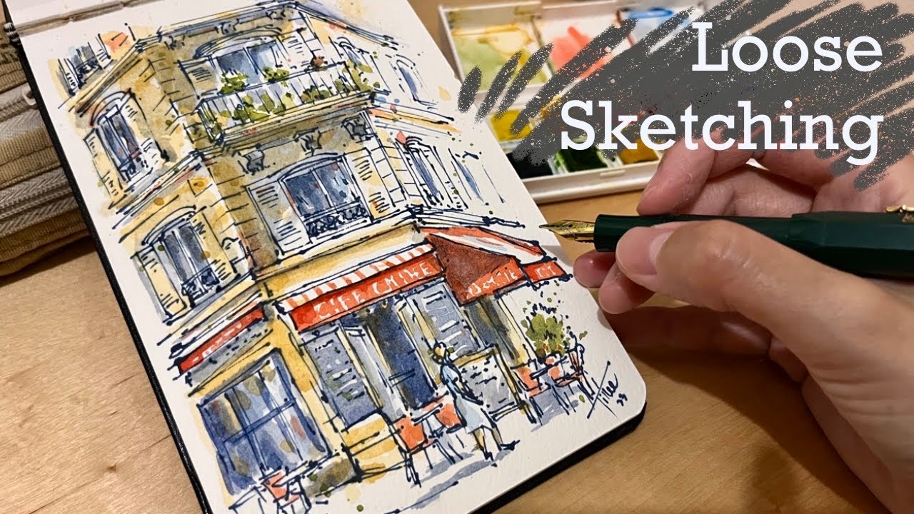 [RealTime]Loose ink and watercolor cafe sketch lTips for freehand ...