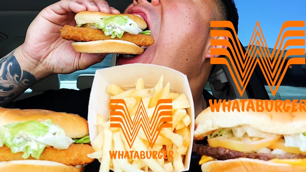 EATING WHATABURGER CHEESEBURGER AND WHATACATCH FISH BURGER IN MY CAR ...