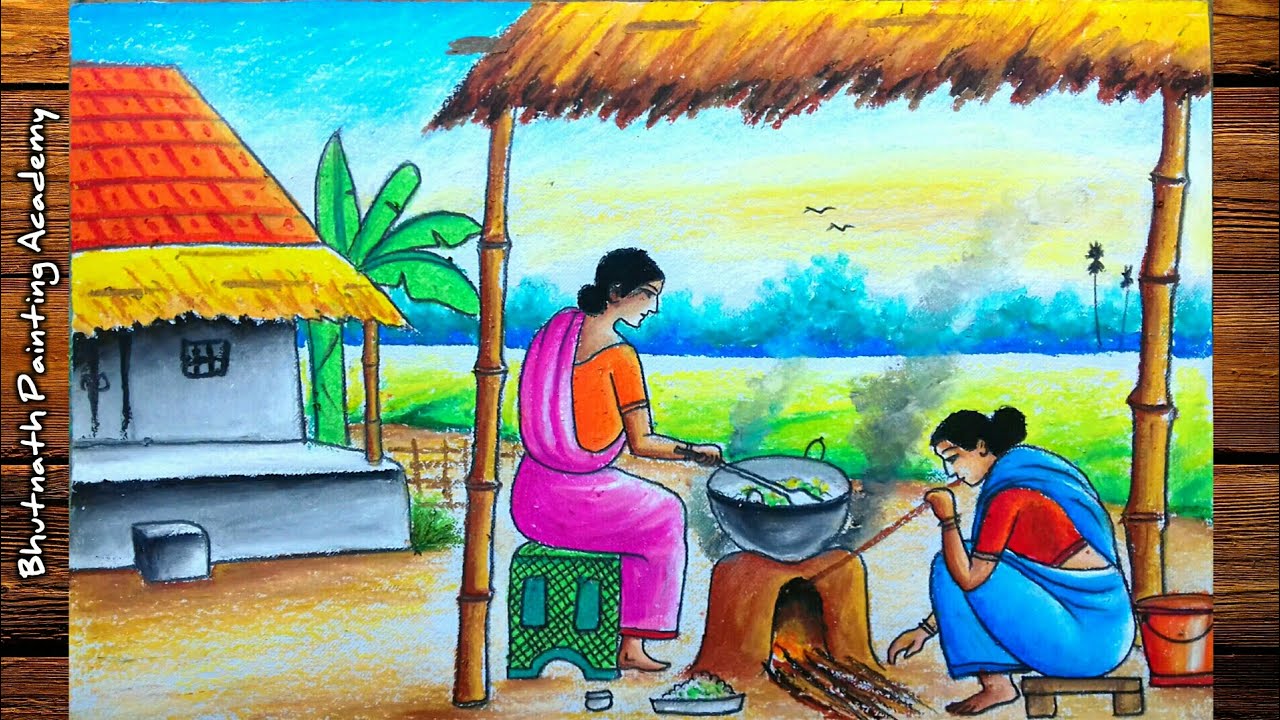 how to draw scenery of village step by step - YouTube