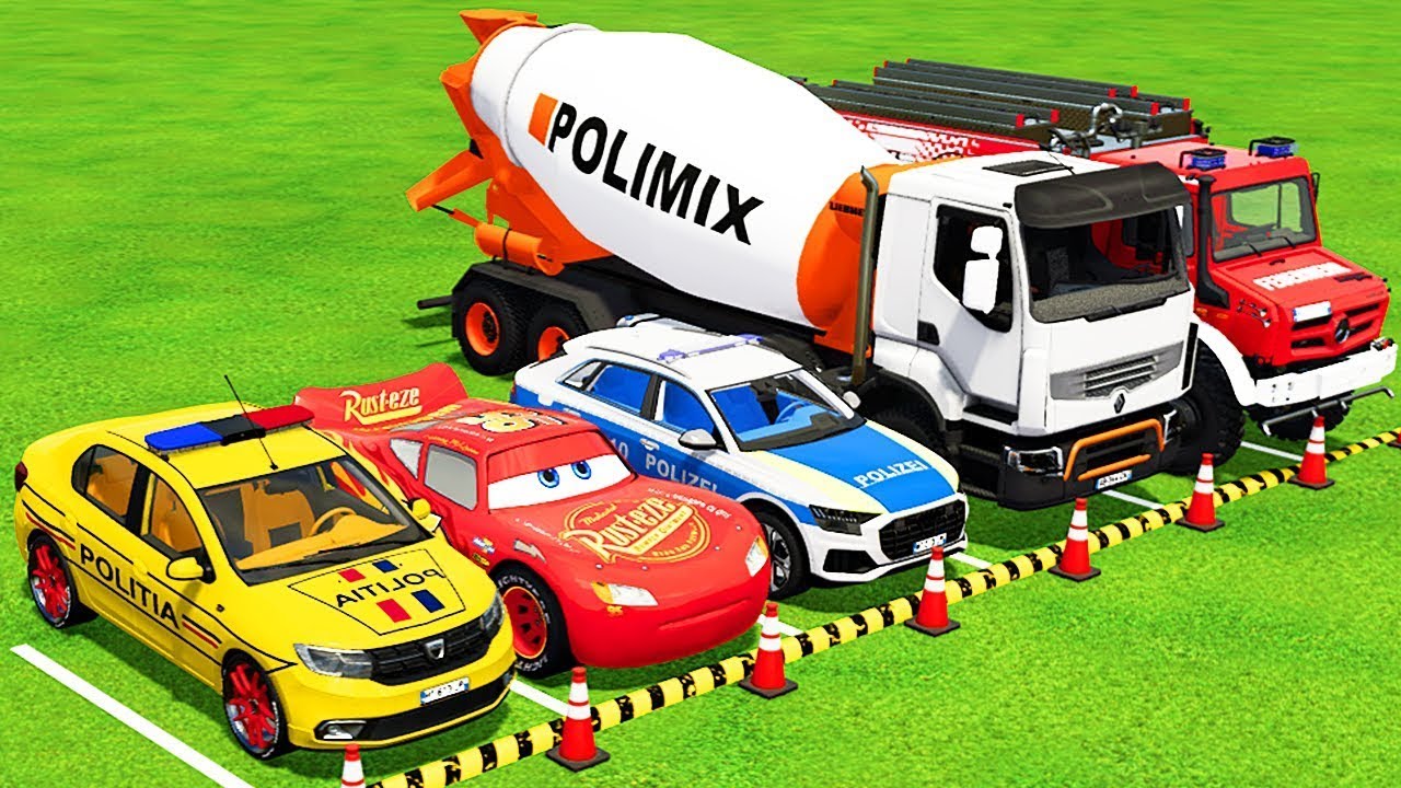 TRANSPORTING PIXAR CARS & FRUITS WITH COLORED & JOHN DEERE vs CLAAS vs ...