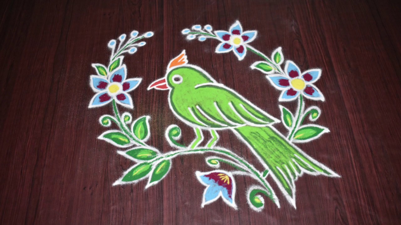 Easy Parrot in dots rangoli || beautiful bird rangoli with flowers ...