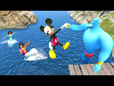 GTA5 Donald duck & Mickey Mouse  vs Aladdin, Genie, Jasmine Jumps fails & Funny Ragdolls ep.49