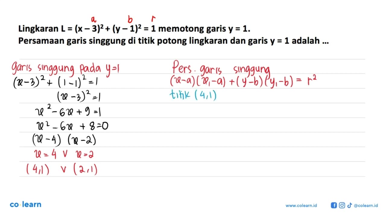 Lingkaran L x 3 2 y 1 2 1 Memotong Garis Y 1 Persamaan Garis Lingkaran L x 3 2 y 1 2 1 Memotong Garis Y 1 Persamaan Garis
