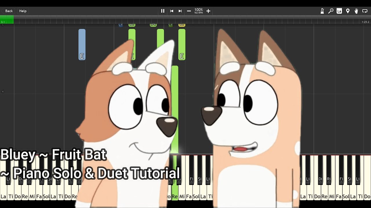 【60】Bluey ~ Fruit Bat ~ Piano Solo & Duet Tutorial Four Hand - YouTube