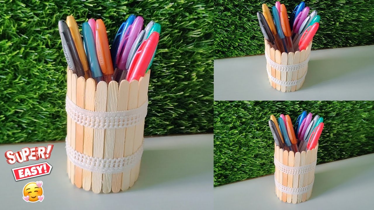 DIY Pen Stand From Popsicle Stick/ Icecream Sticks | Easy Pen Stand ...