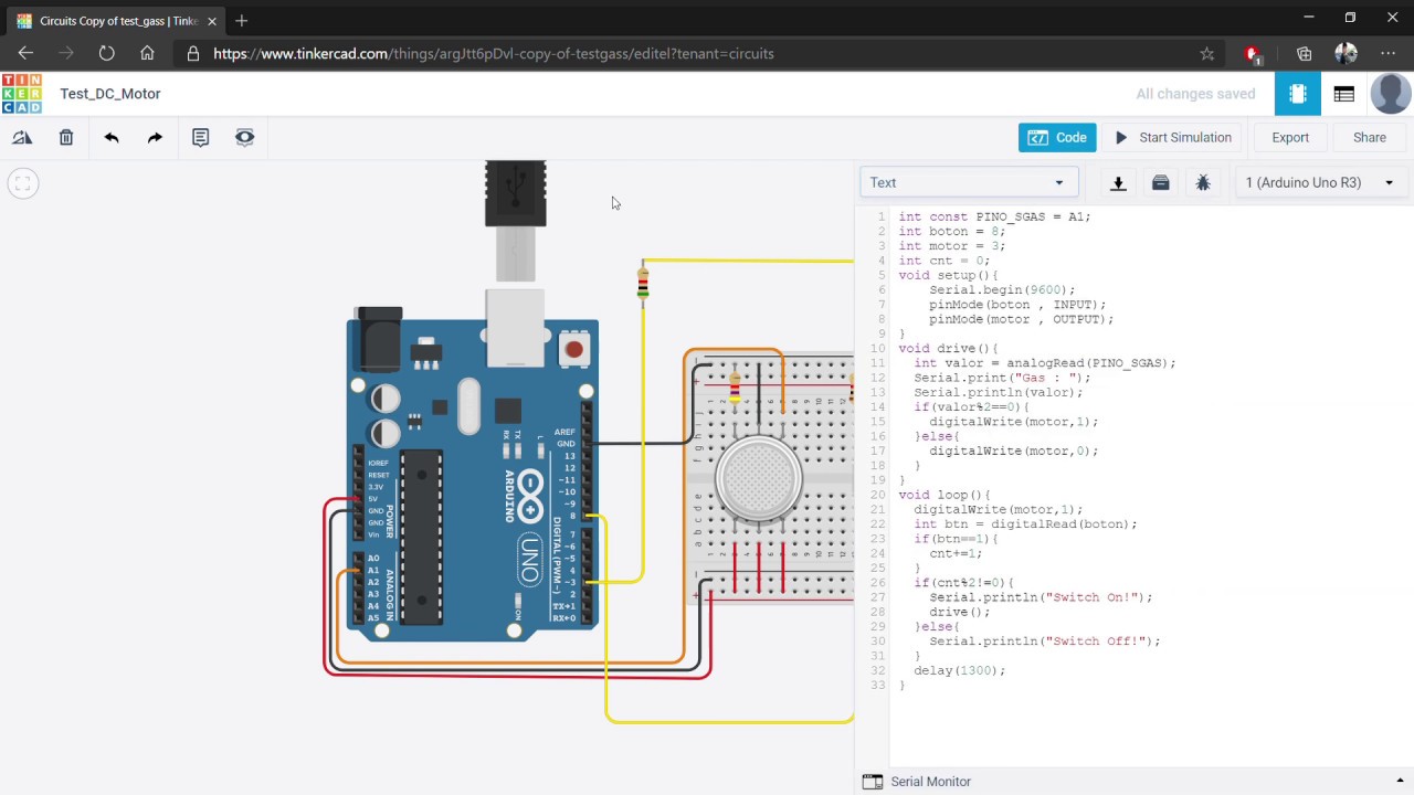 Arduino [tinkercad] - Pushbutton and DC Motor - YouTube