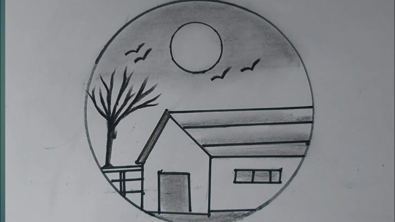 How to draw sample scenery drawing | Simple scenery drawing step by ...