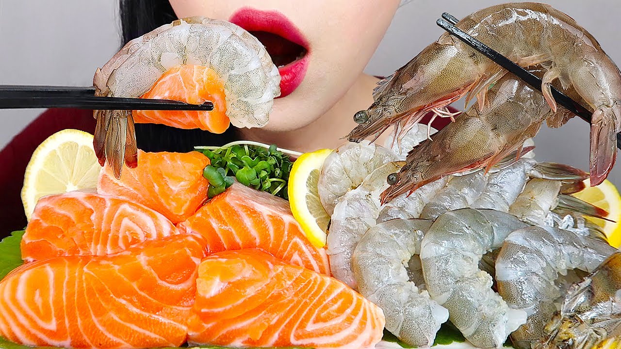 ASMR RAW SALMON, SHRIMP HWEH MUKBANG 새우회 연어회 먹방 NO TALKING EATING ...