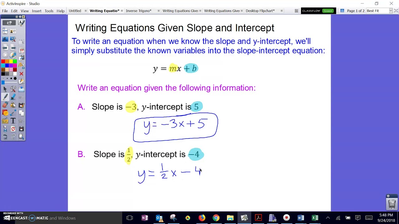 Writing Equations Given Slope and Intercept - YouTube