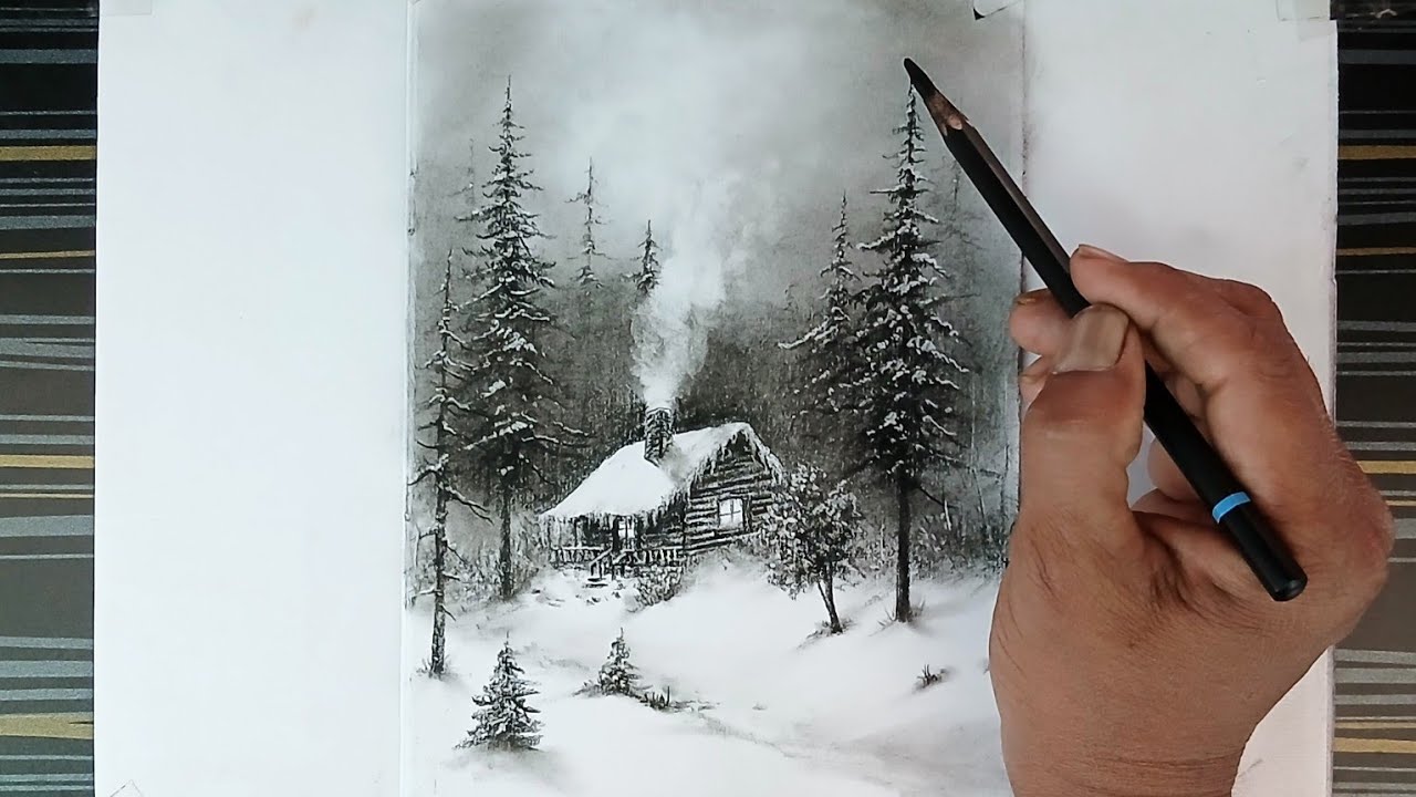 Snowy nature view landscape drawing by pencil with easy ways. - YouTube