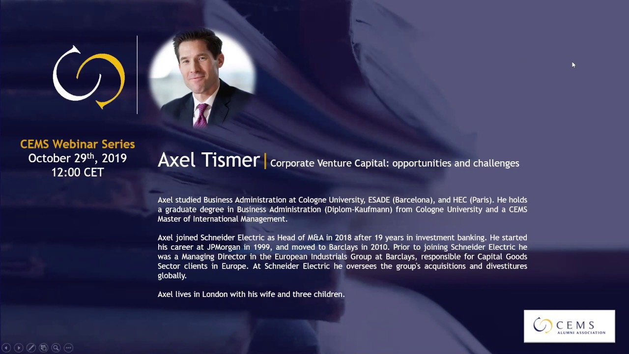 CEMS Webinar Series: Corporate Venture Capital with Axel Tismer - YouTube