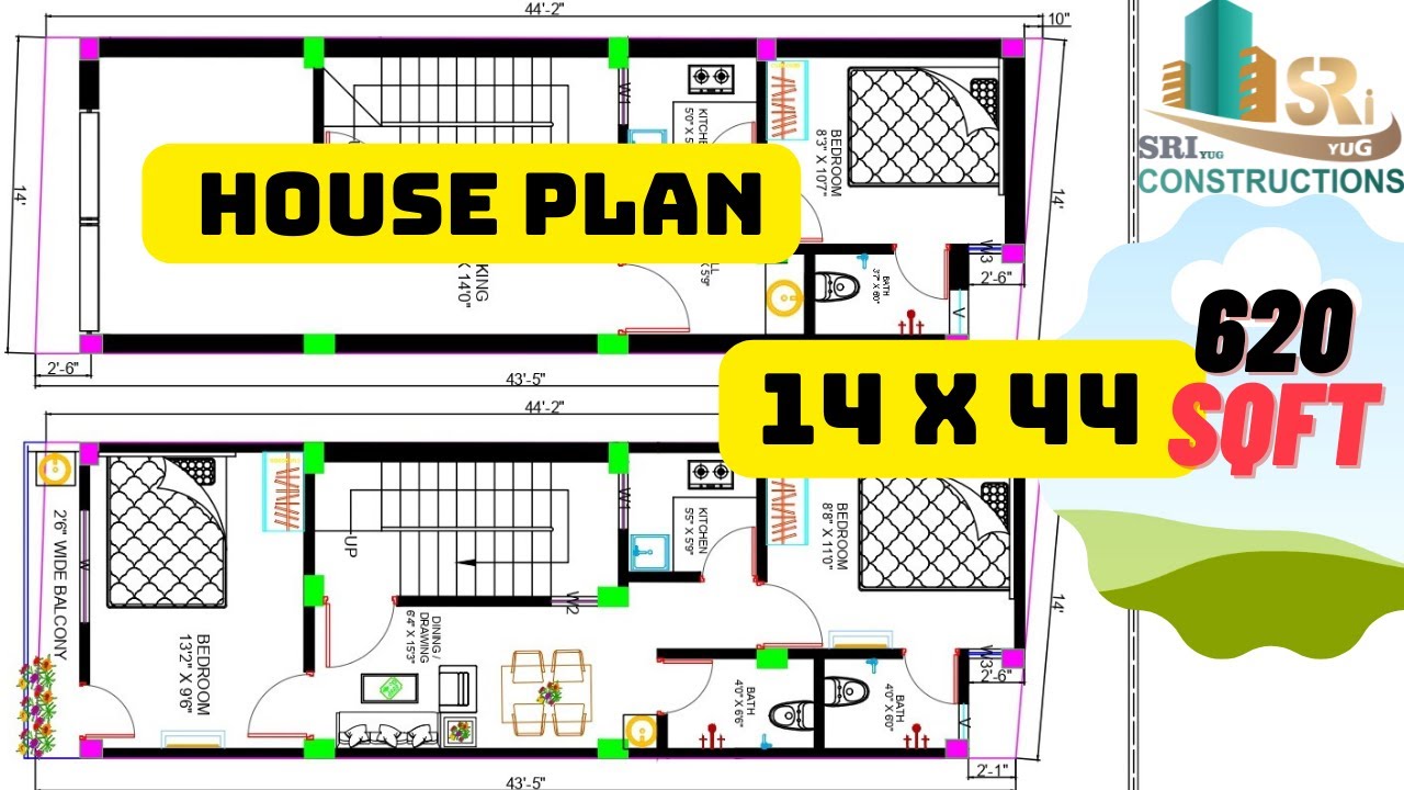 14 x 44 House plan 620 Square feet House Plan | Ghar ka naksha 14 by 44 ...