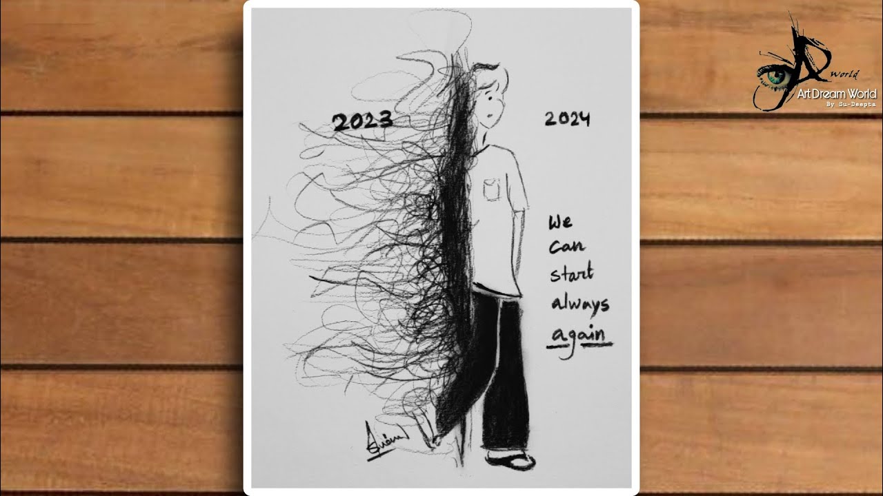 How to draw charcoal pencil drawing || 2023 to 2024 new year || New ...