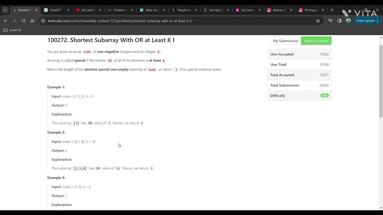 Biweekly Contest 127 100272 Shortest Subarray With Or At Least K L Leetcode Contest