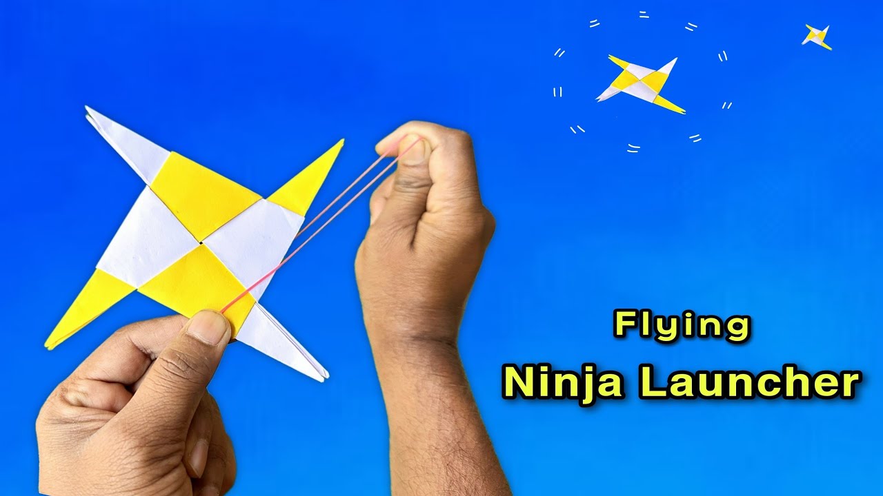 paper ninja launcher (flying), how to make rubberband ninja, paper star ...