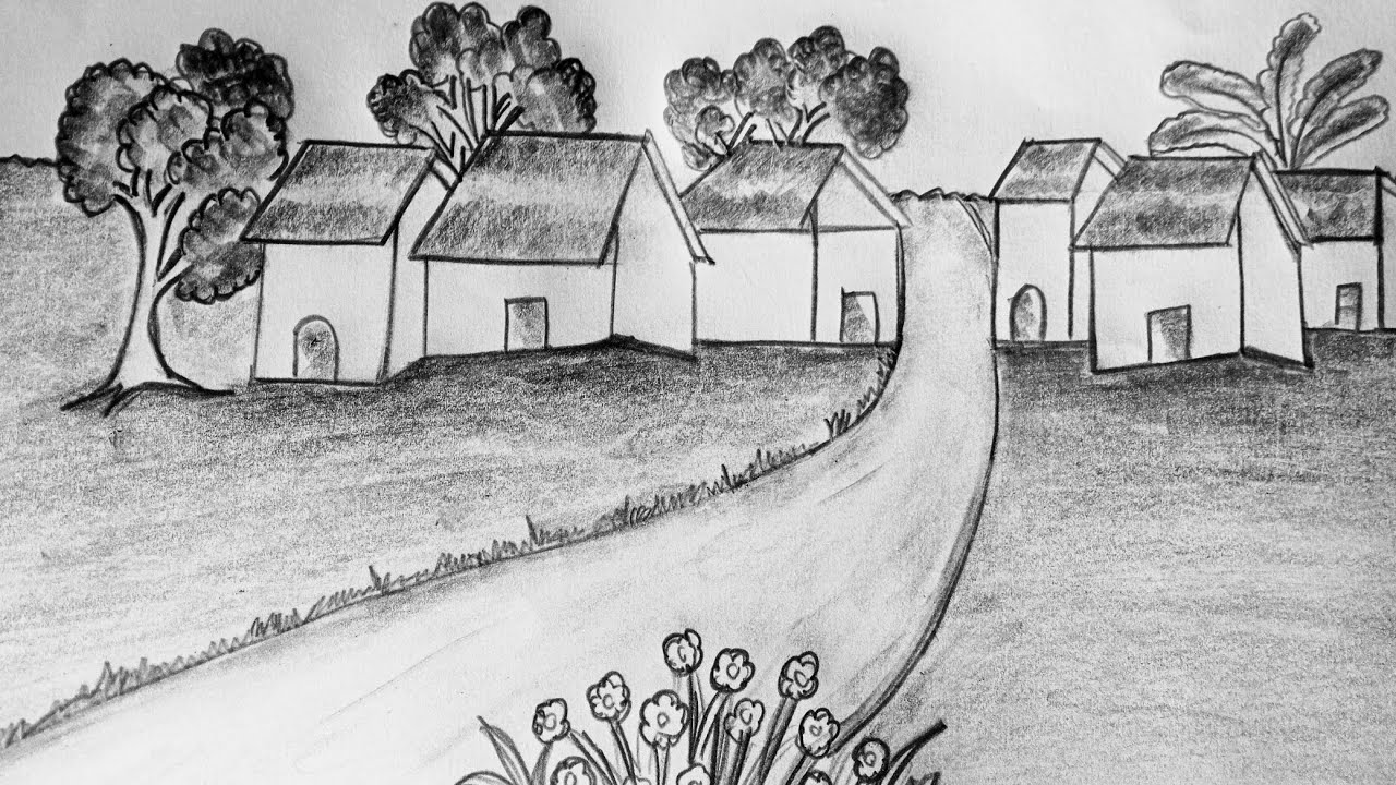 How to Draw Nature Scenery of village || Easy village house drawing ...