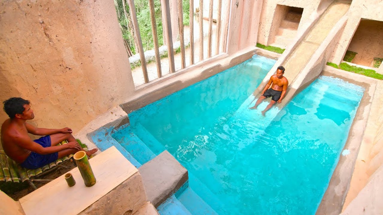 I built an underground tunnel water slide park and swimming pool house ...