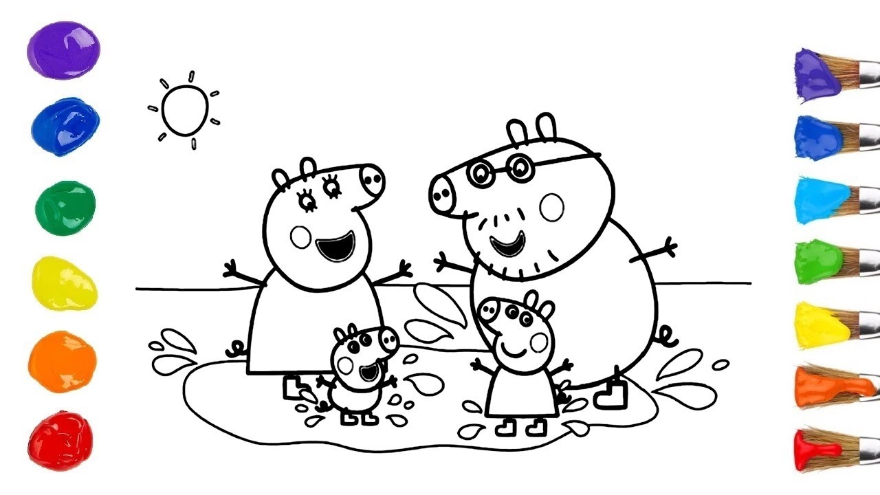 Peppa Pig With Family Jumping in Muddy Puddles | Painting & Coloring ...
