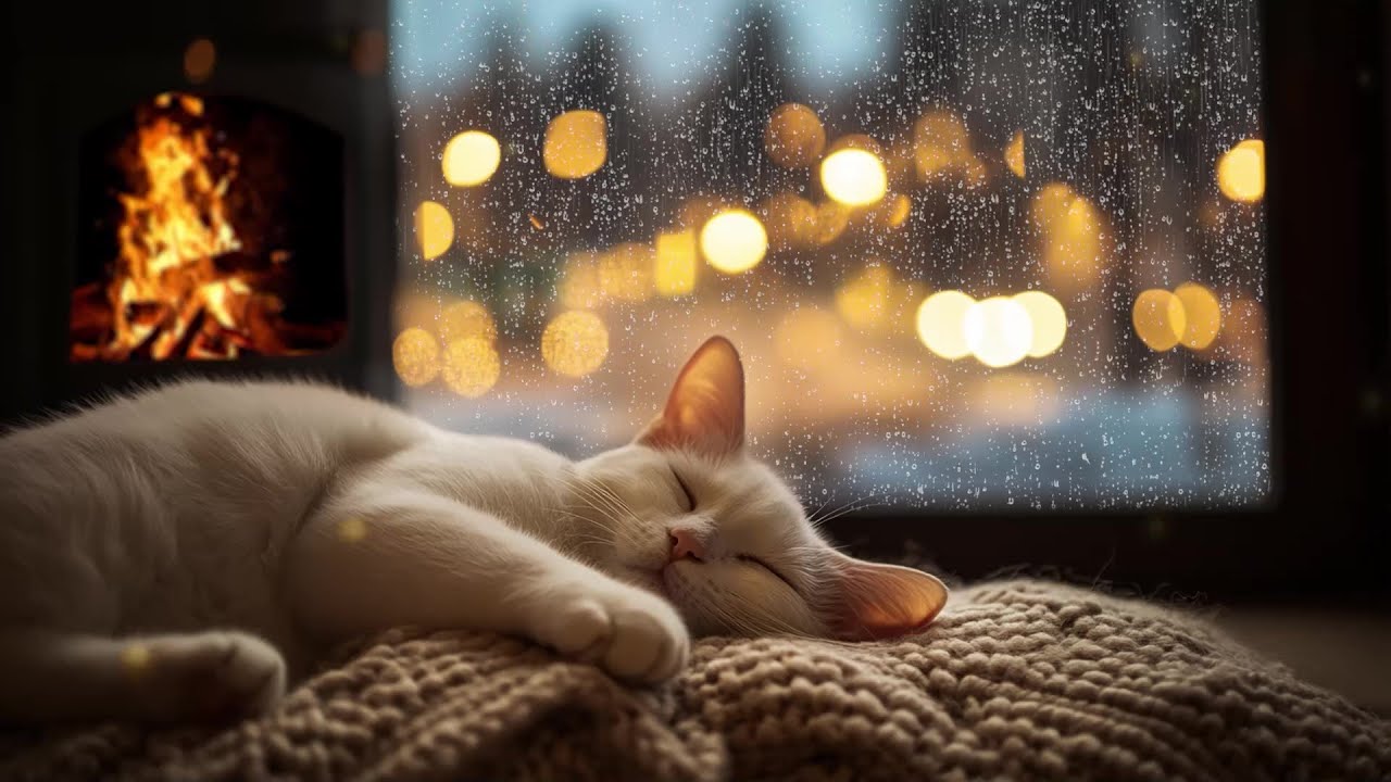Sleeping Cat by the Fireplace | Rainy Night Ambience with Relaxing ...