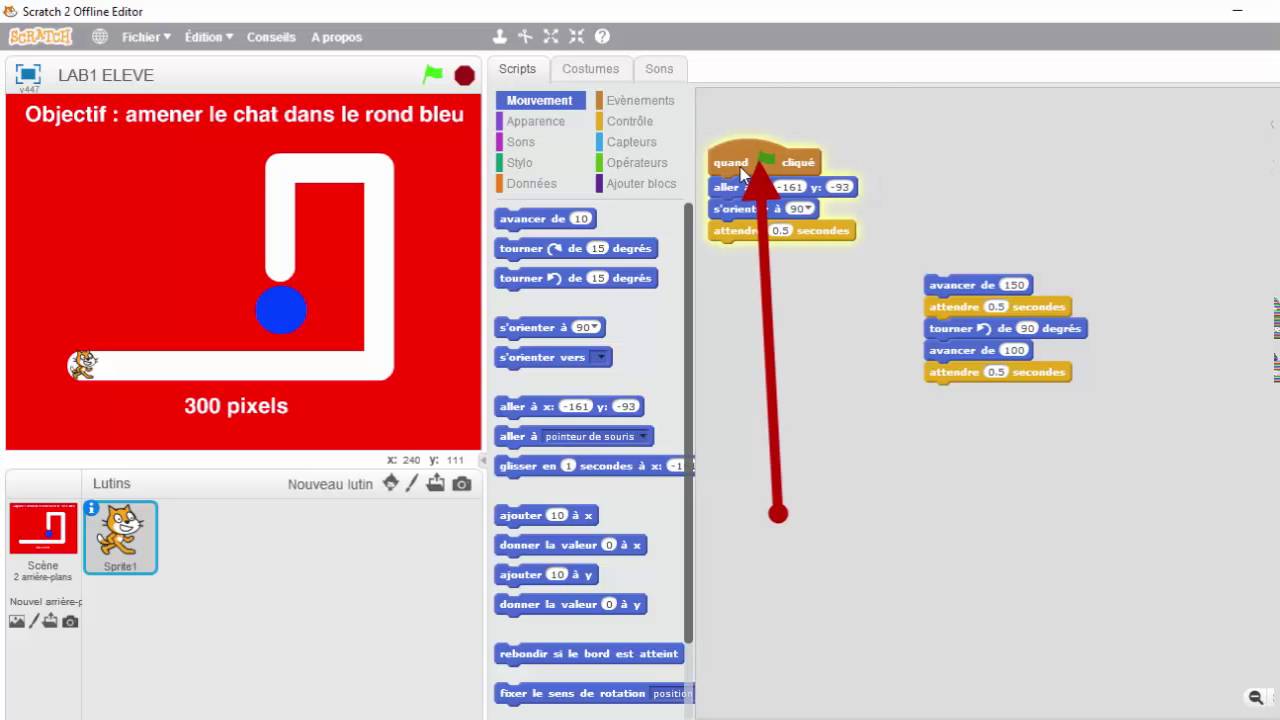 Programmer avec scratch : créer un bloc réinitialiser - YouTube