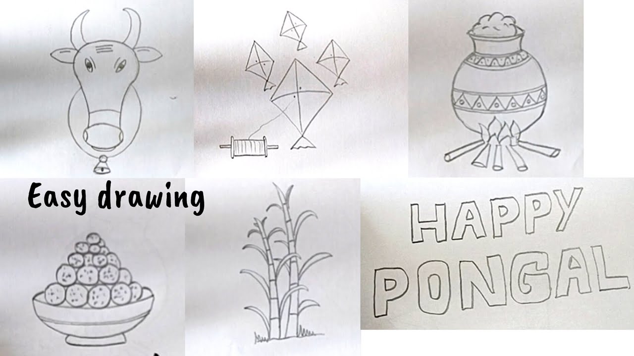 Sankranti Festival Easy Drawing | Cow, Kites, Pot, Sweets & Sugarcane 🪁 ...