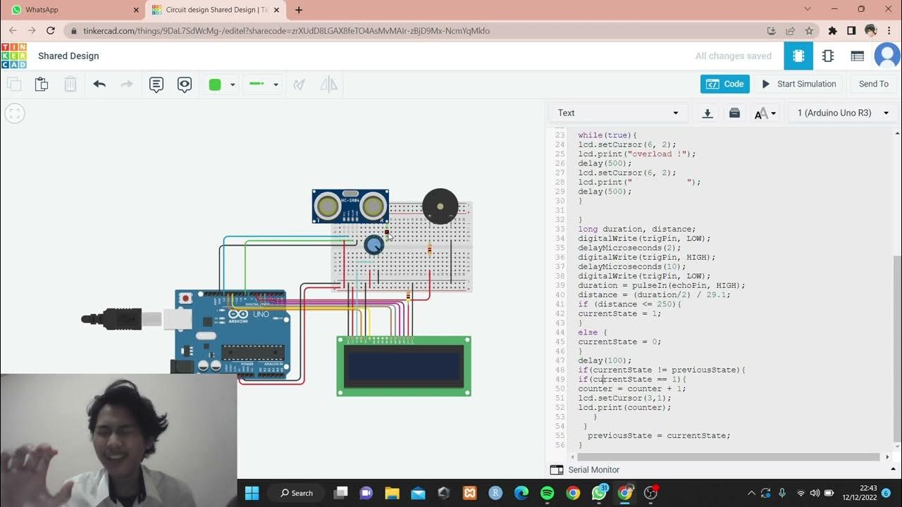 Rangkaian penghitung pengunjung otomatis berbasis ultrasonik (arduino) - Tinkercad - YouTube