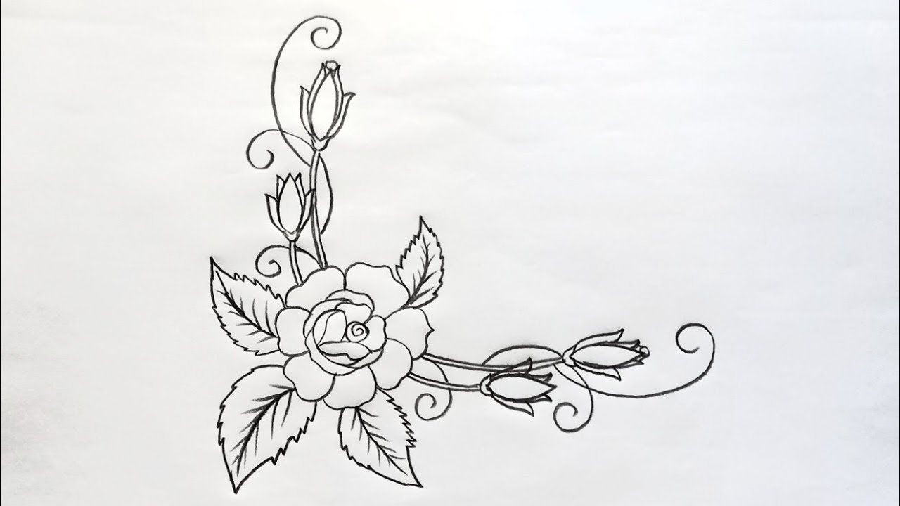 Rose Flower Drawing 🌹 | Rose Corner Design | Flower Design Drawing ...