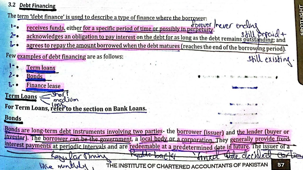 Debt Finance & bonds with notes, important highlighted point ...