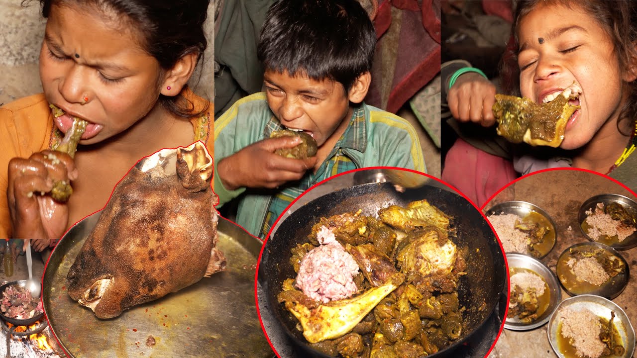 dharme family goat's head recipe || village goat head curry with rice ...