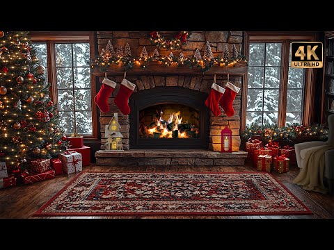 Christmas Fireplace Ambience with Snowy Views & Crackling Fire Sounds | 4K 🔥🎄❄️