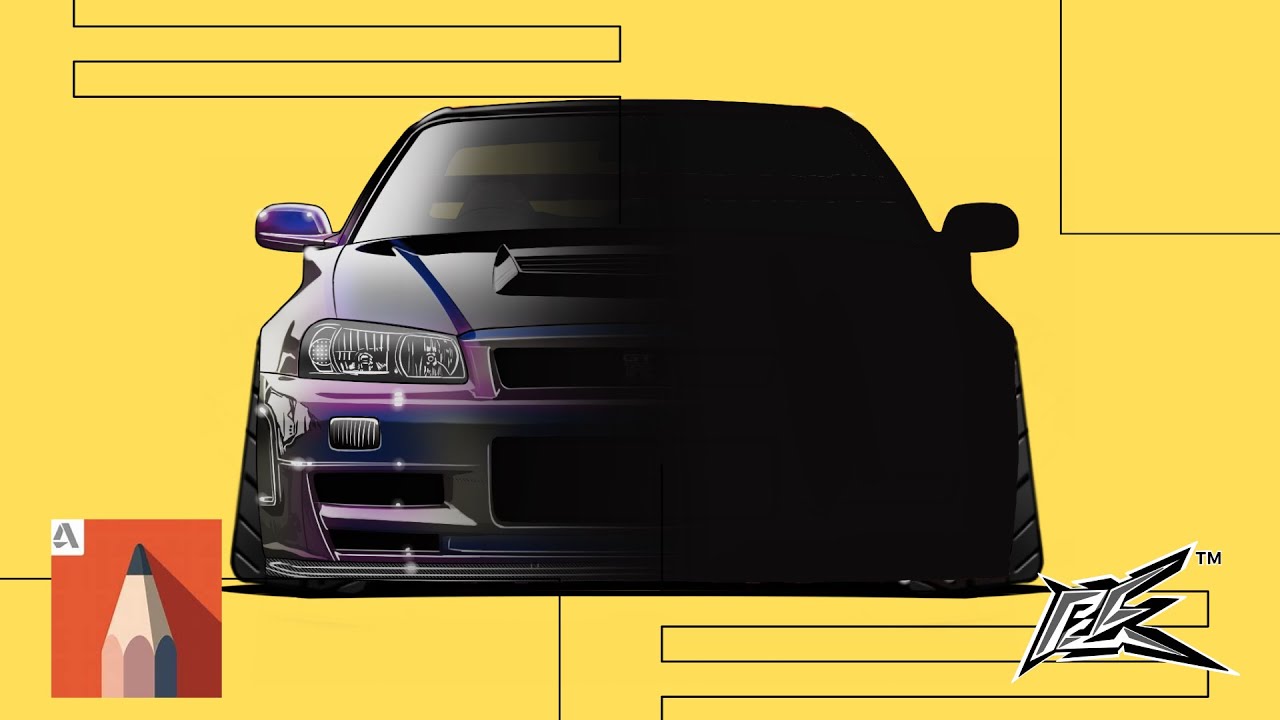 nissan skyline gtr r34 drawing tutorial multicolor - YouTube