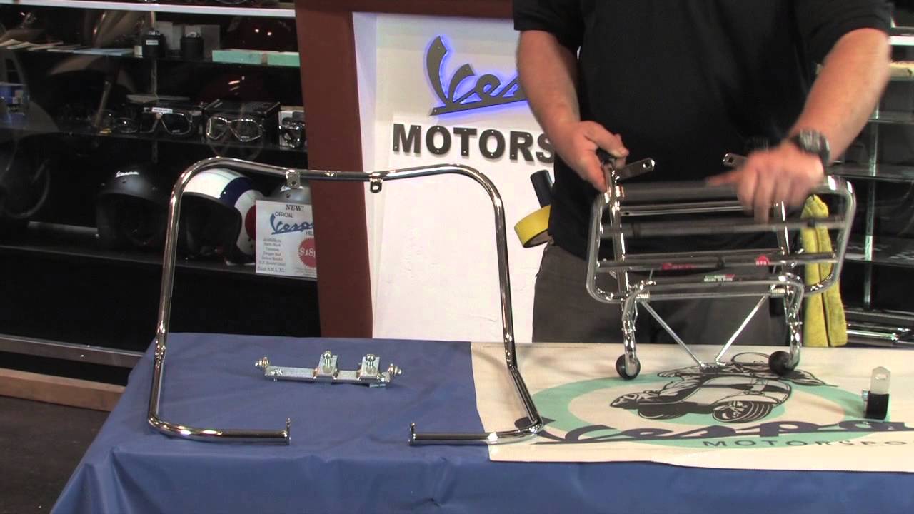 Faco Legshield Bars & Integrated Front Rack Vespa GTS - YouTube