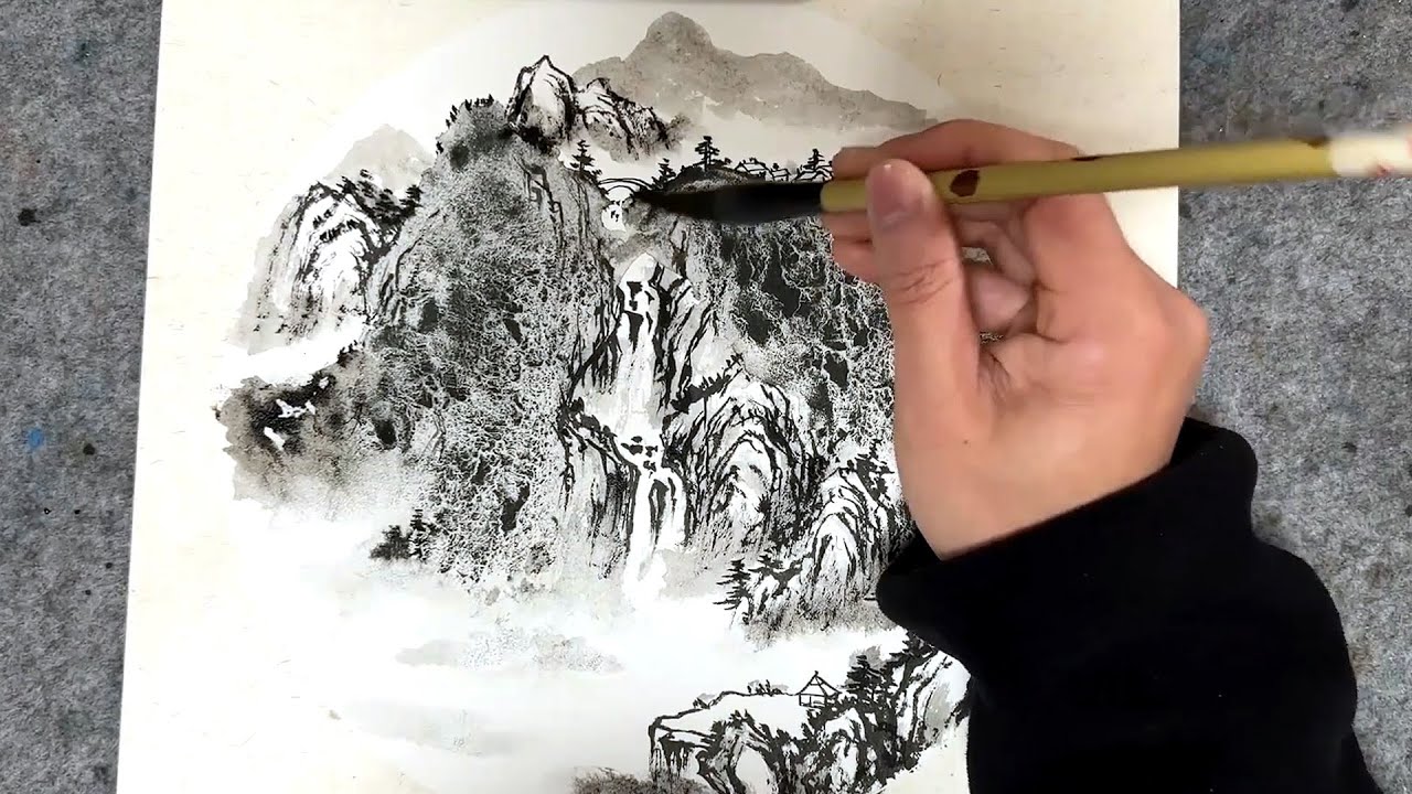 Paint basic landscape - Ink brush painting - YouTube