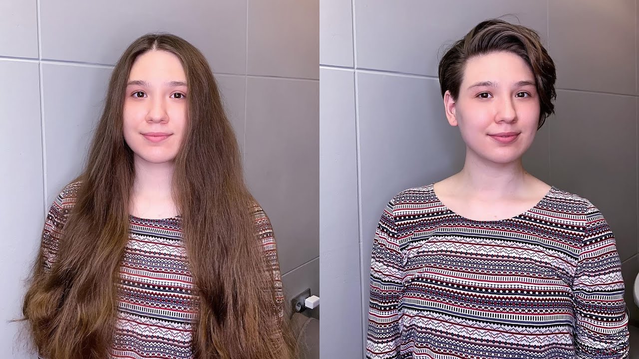 Russian girl long voluminous hair to pixie cut in salon (HD remaster ...