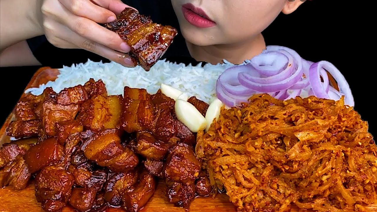 Spicy Braised Pork Belly, Radish Salad & White Rice * MUKBANG SOUNDS ...